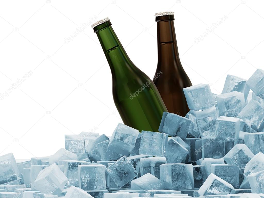 Bottles of Beer in Ice Cubes isolated on white background Stock Photo ...