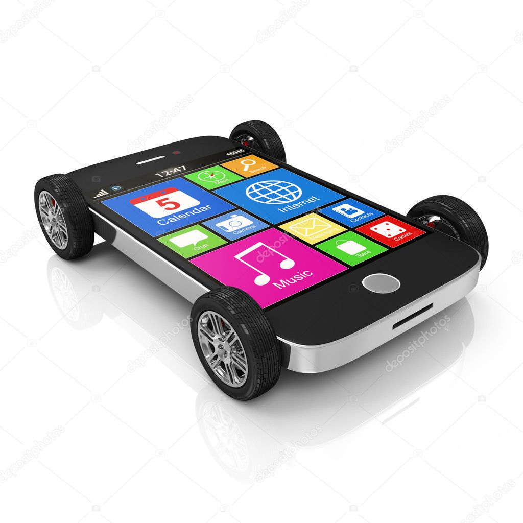 Smartphone on Wheels isolated on white background Stock Photo by ©ras ...