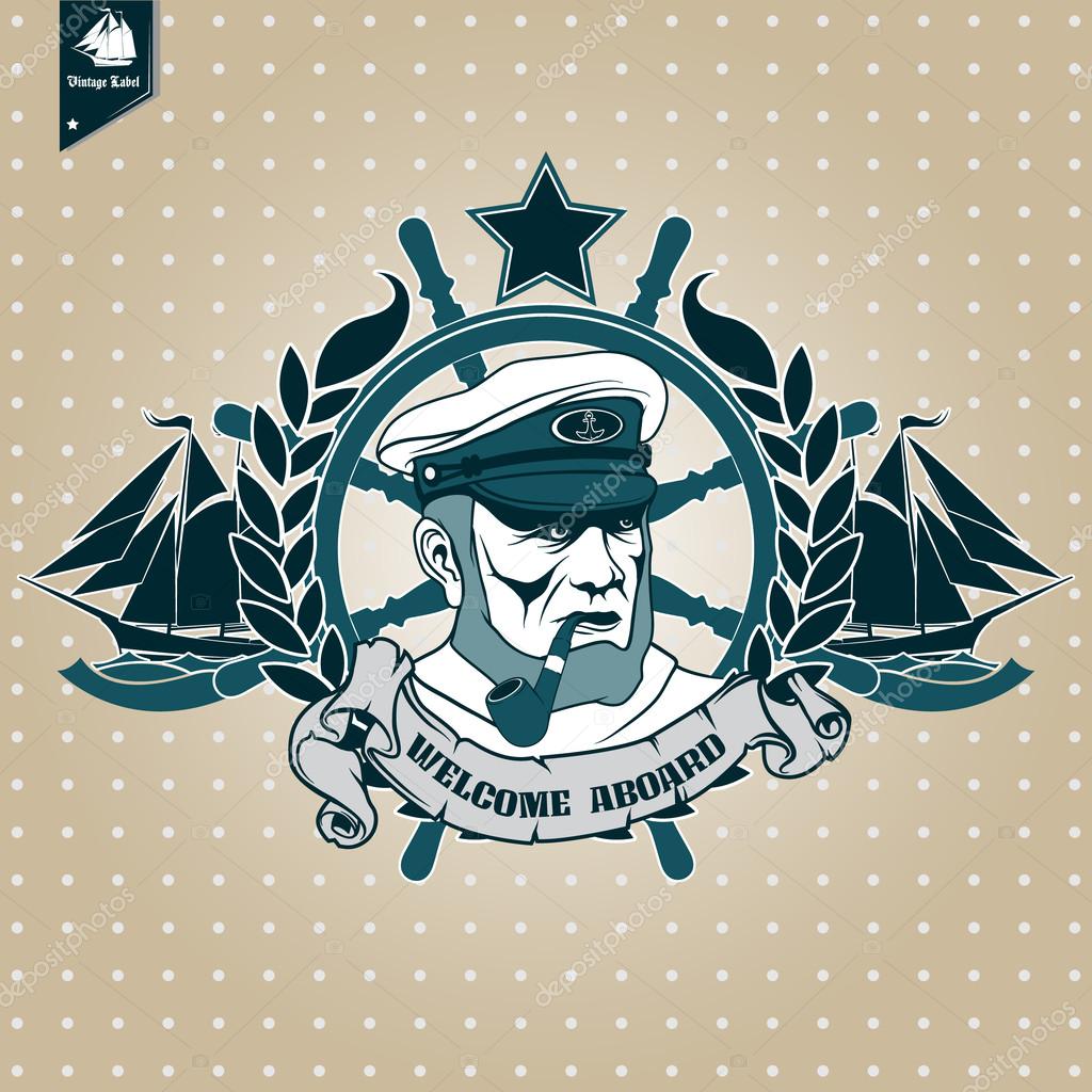 Label with a picture of the ship's captain. Nautical theme. Stock ...