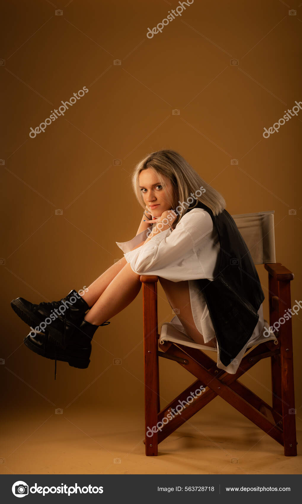 Attractive Amazing Young Girl Posing Chair Alone Yellow Background ...