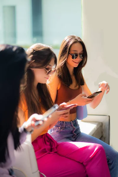Attractive Young Girl Checking Her Phone While Eating Lunch Bar — Stock ...