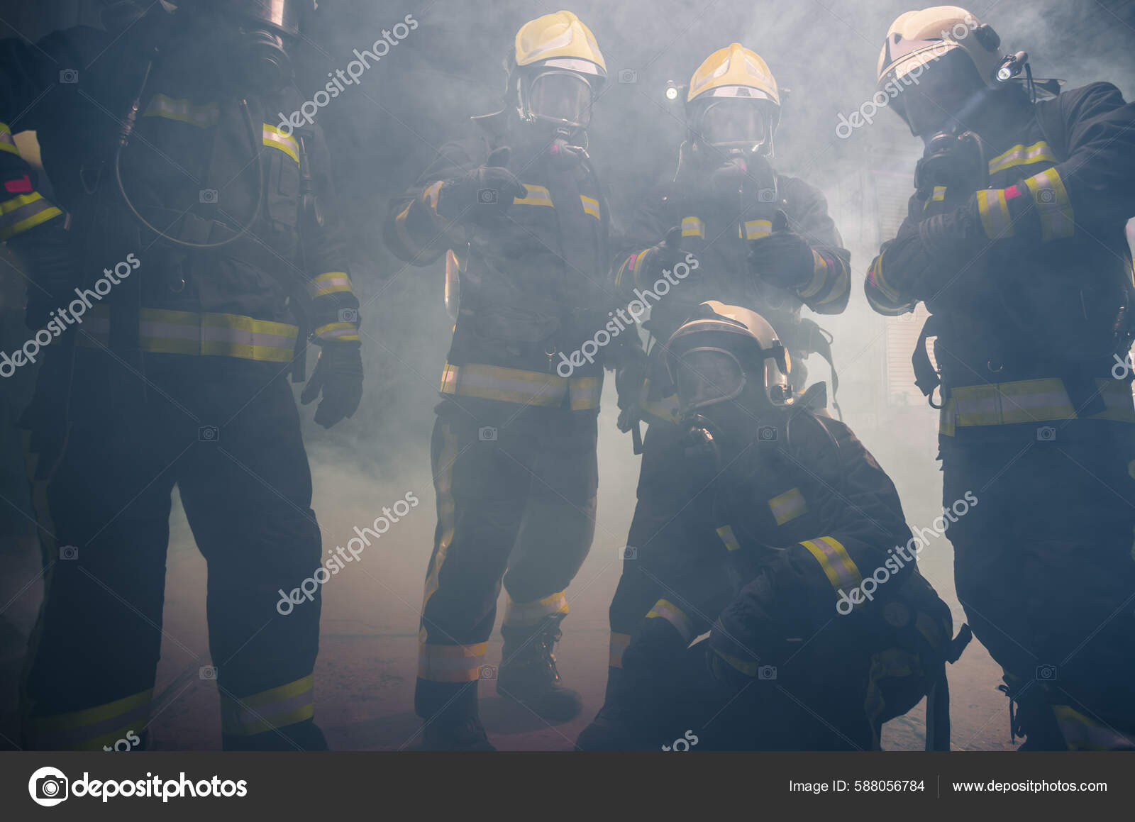 Team Fireman Standing Middle Fire Extinguisher's Smoke Fire Department ...