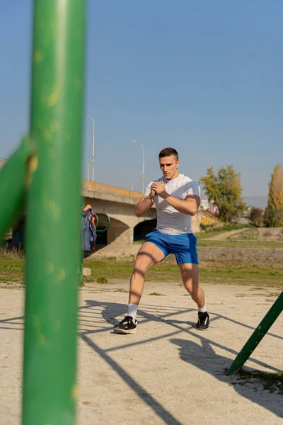 Attractive and handsome fit guy is doing squads exercise alone outside ...