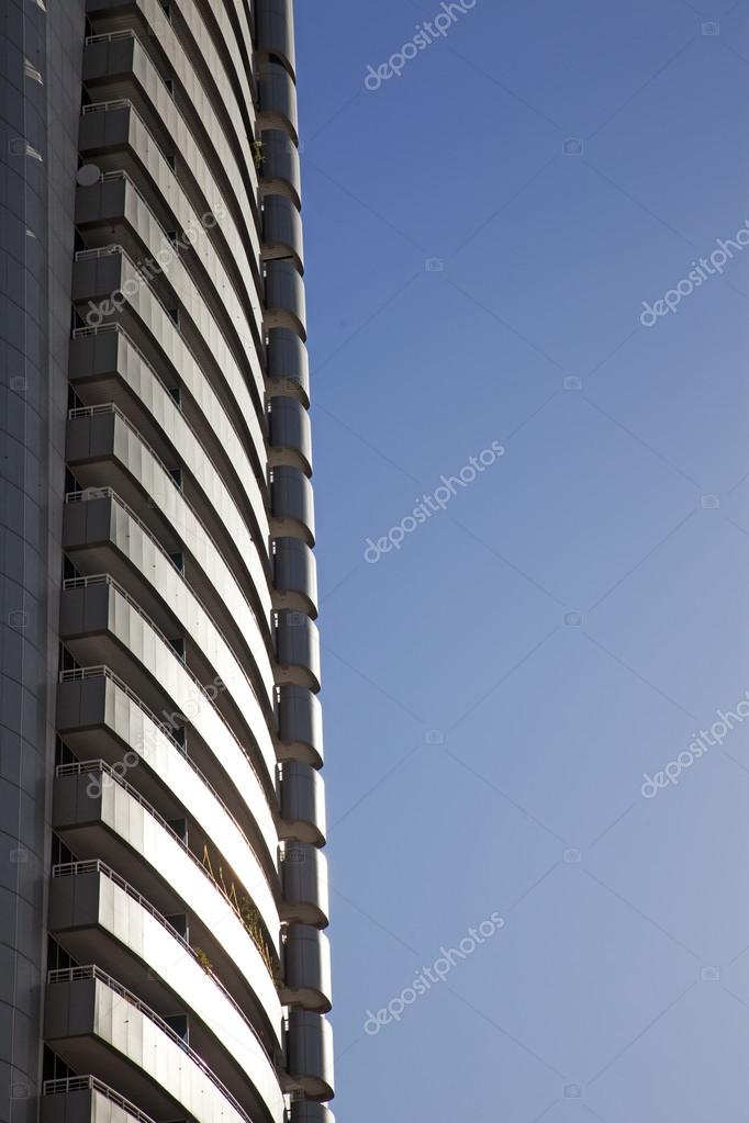 Perspective and underside angle view of modern glass building sk Stock ...