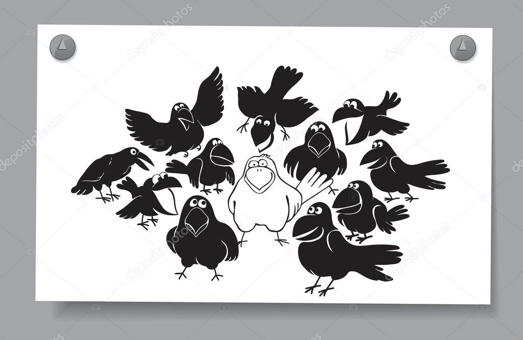 Of a card - a flock of birds. A white crow among the black Stock Vector ...