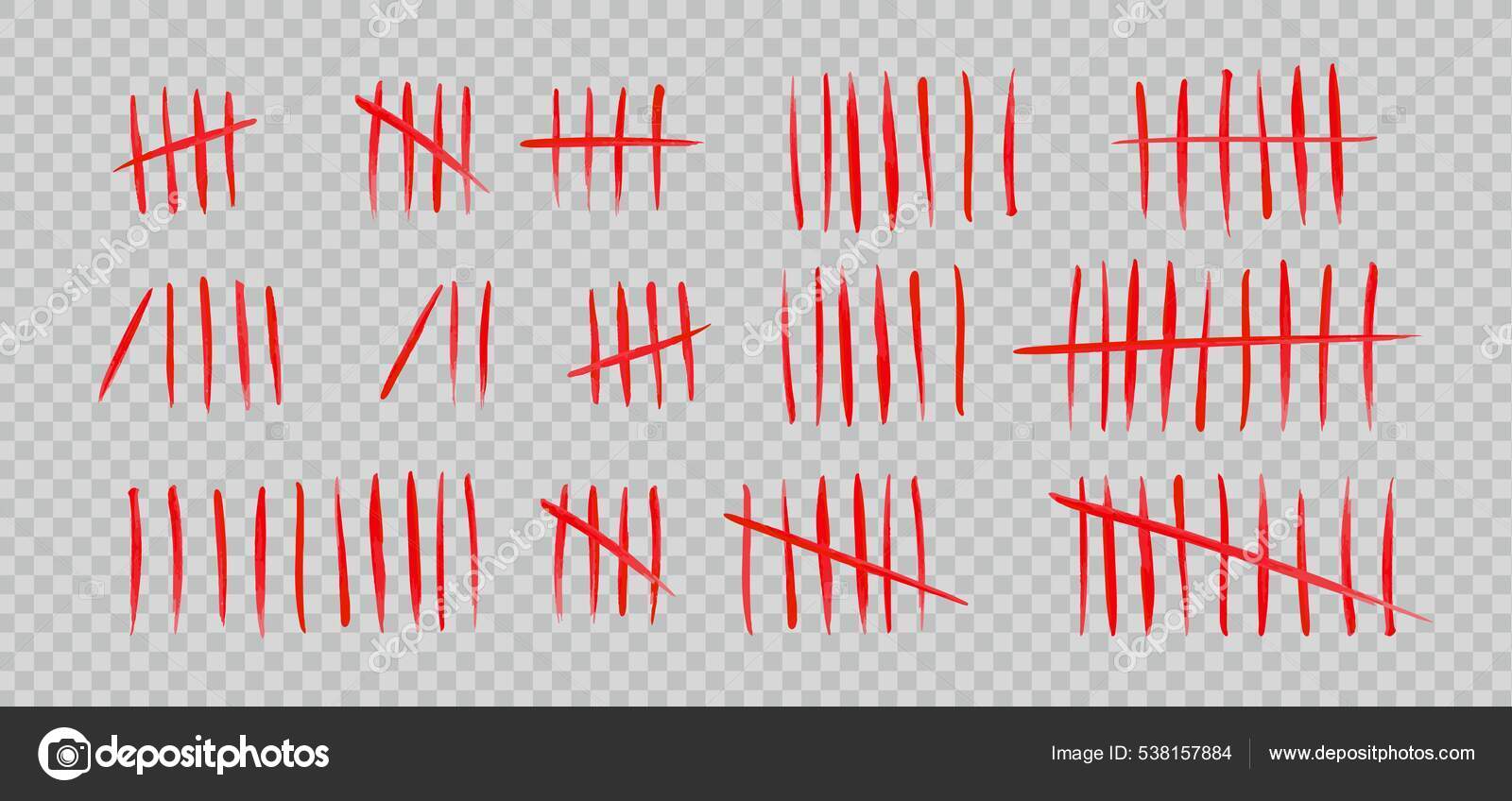 Tally marks set on a transparent background. Collection of blood red ...