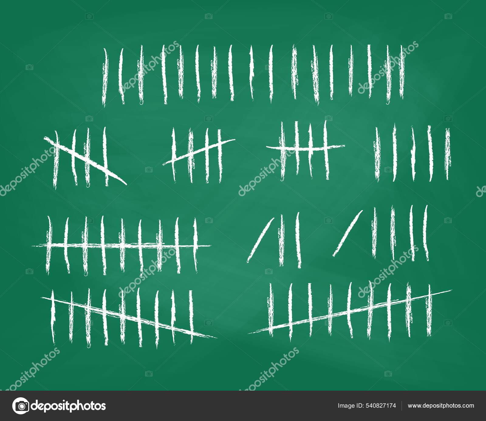 Tally marks set on school green chalkboard. Collection of white hash ...