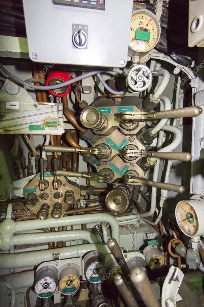 Adjustment and control panels of an old submarine — Stock Photo ...