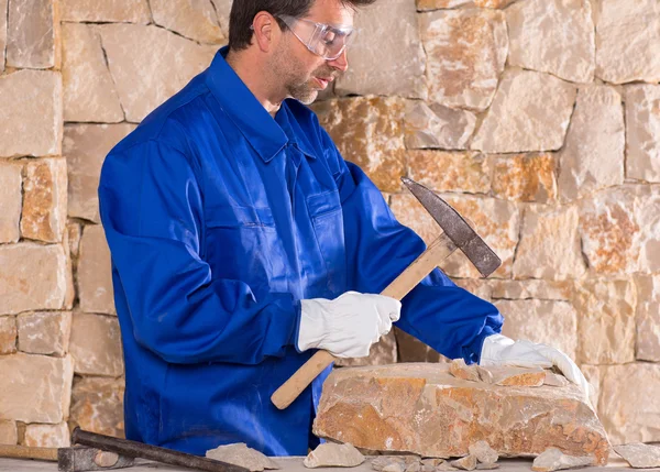 Masonry mason stonecutter man with hammer working — Stock Photo ...