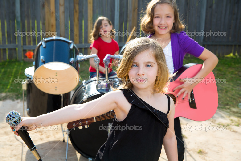 Chidren singer girl singing playing live band in backyard Stock Photo ...