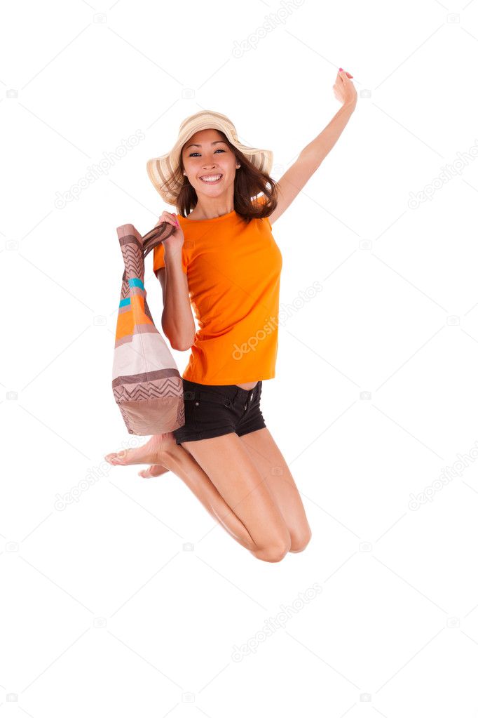 Young beautiful asian woman jumping of joy - Asian Stock Photo by ...