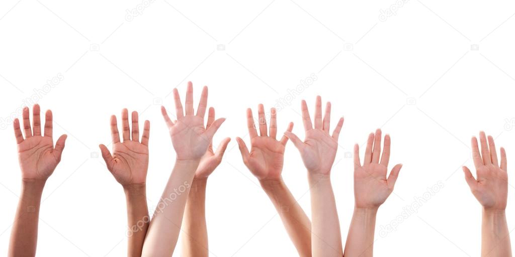 Many Hands raise high up on white background — Stock Photo © sam741002 ...