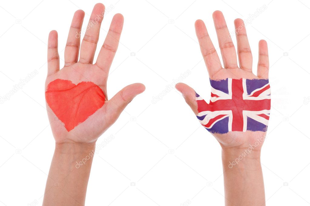 Hands with a painted heart and united kingdom flag, i love uk co Stock ...