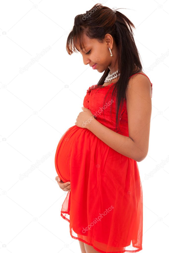 Beautiful Pregnant African American Woman Touching Her Belly B Stock