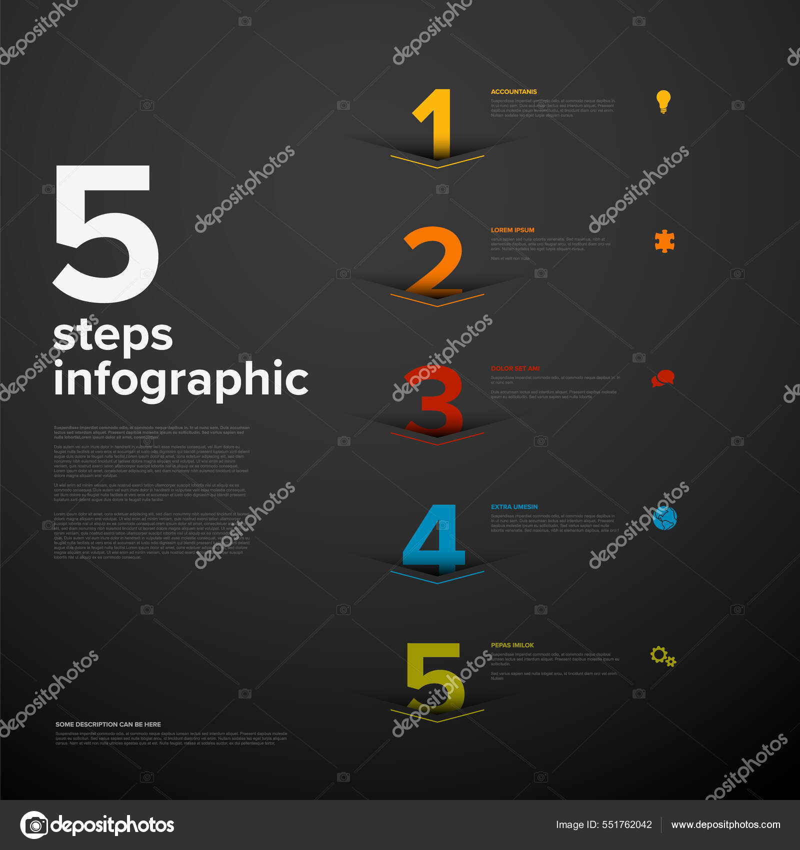 Vector Five Vertical Steps Progress Template Big Arrows Numbers Shadow ...