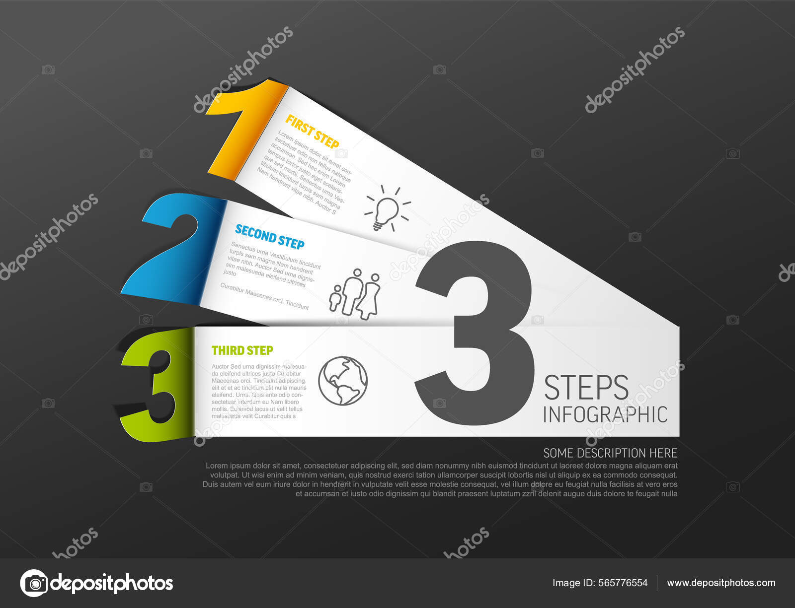 Progress Proces Template Three Steps Some Descriptions Icons Starts Big ...