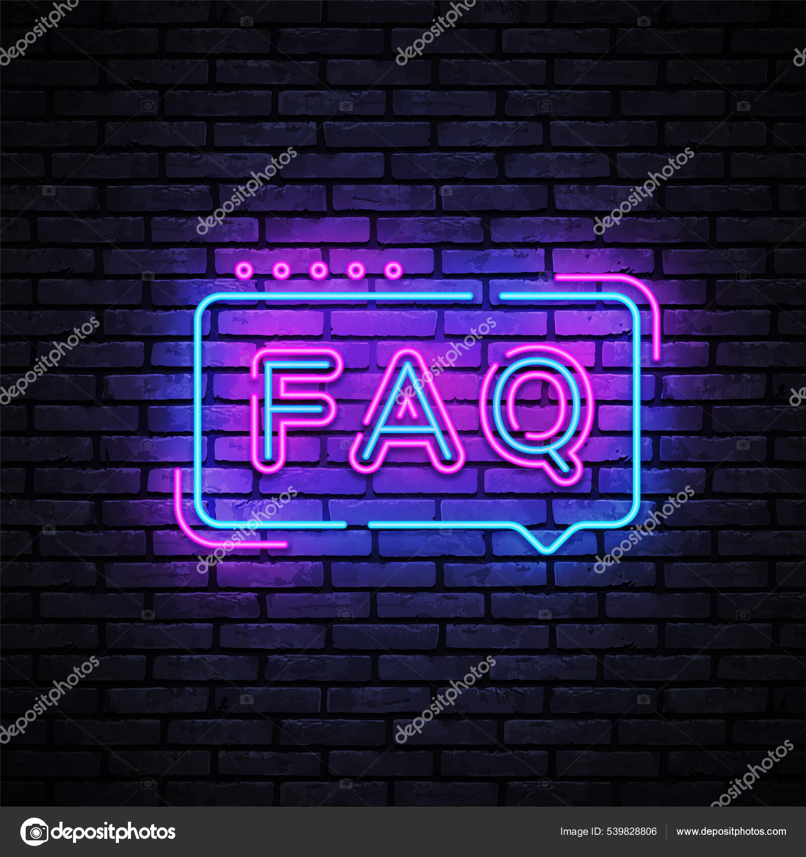 Faq in neon style. Realistic vector illustration. Modern template with ...