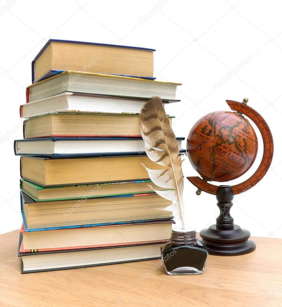 Books, pen, ink and vintage globe on white background — Stock Photo ...
