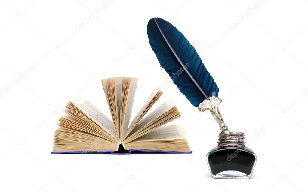 Pen, inkwell, open book isolated on a white background. — Stock Photo ... Pen, inkwell, open book isolated on a white background. — Stock Photo ...