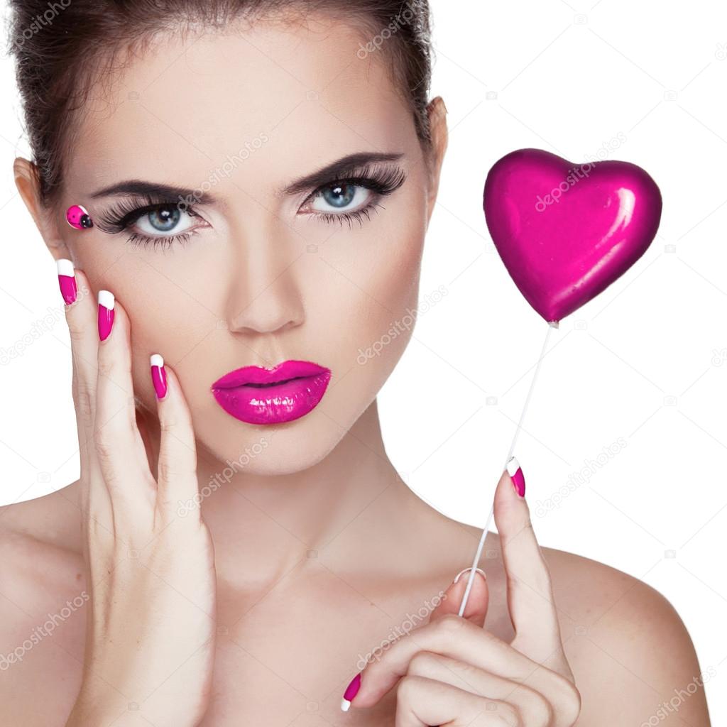 Bright Makeup Beauty Portrait Beautiful Woman Touching Her Fa — Stock