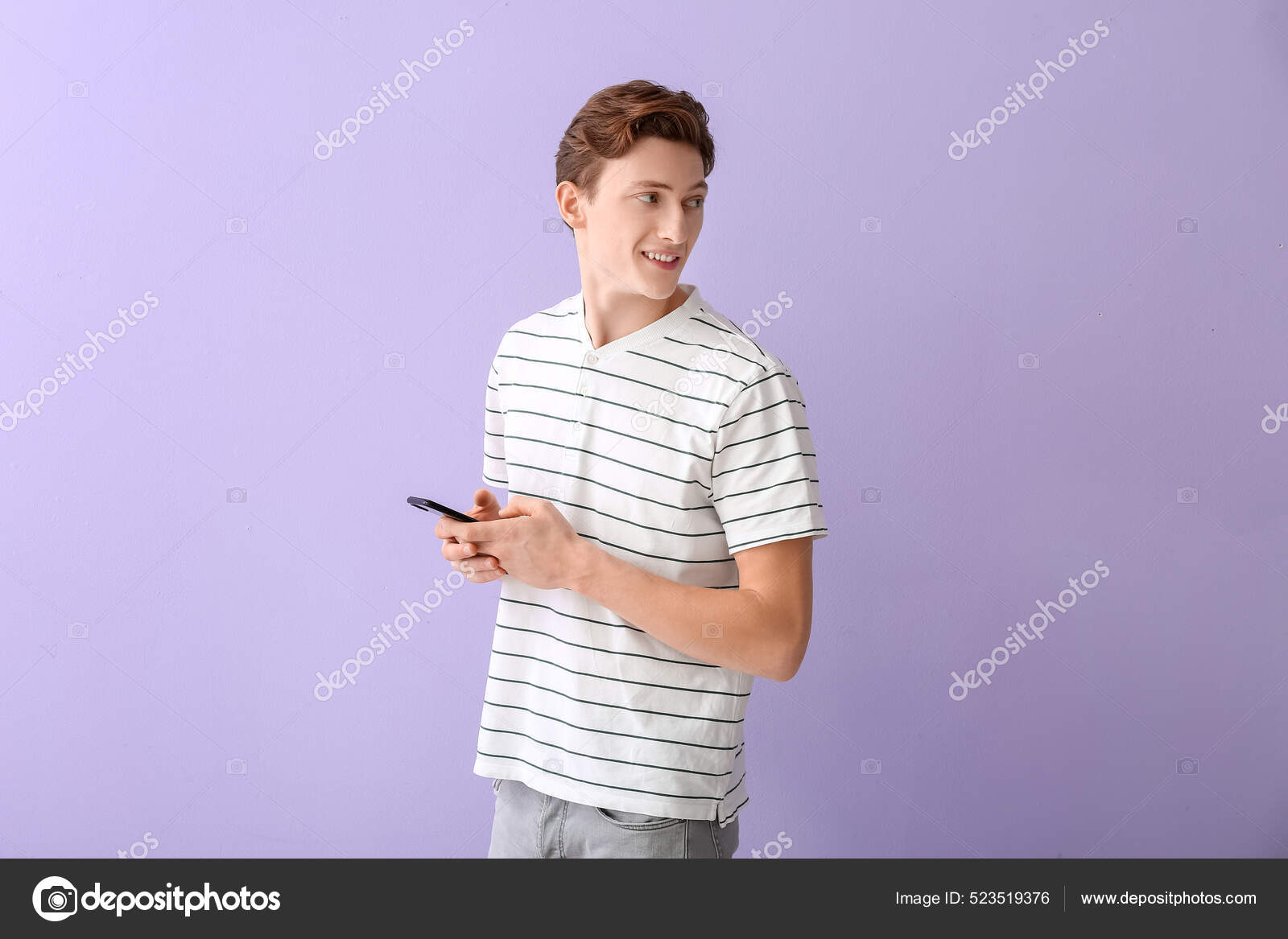 Young Man Modern Mobile Phone Color Background — Stock Photo © serezniy ...