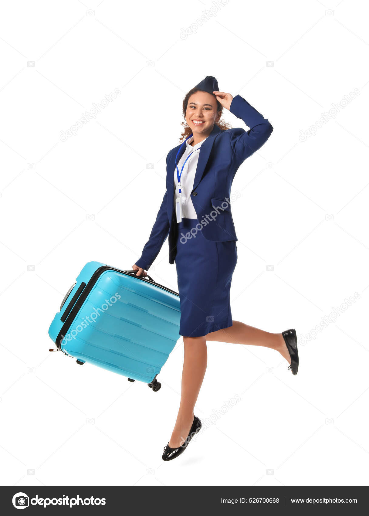 Jumping African American Stewardess Suitcase White Background Stock ...