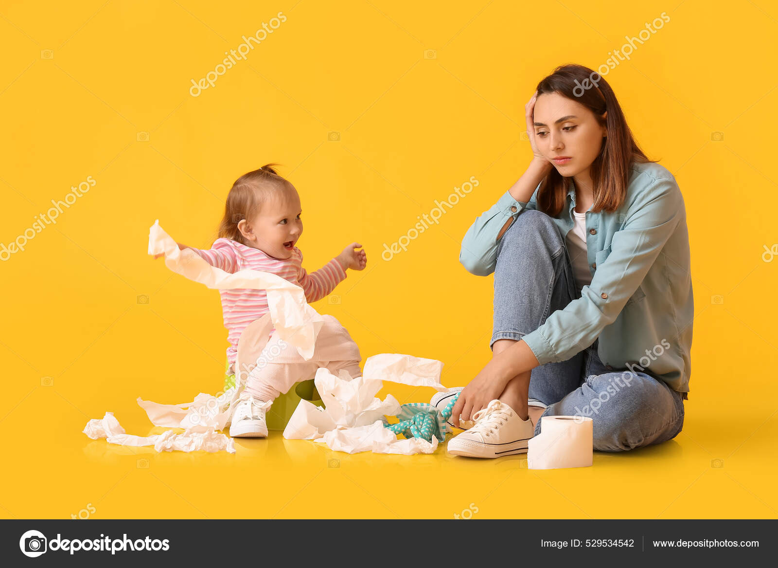 Mother Potty Training Her Little Daughter Color Background Stock Photo ...
