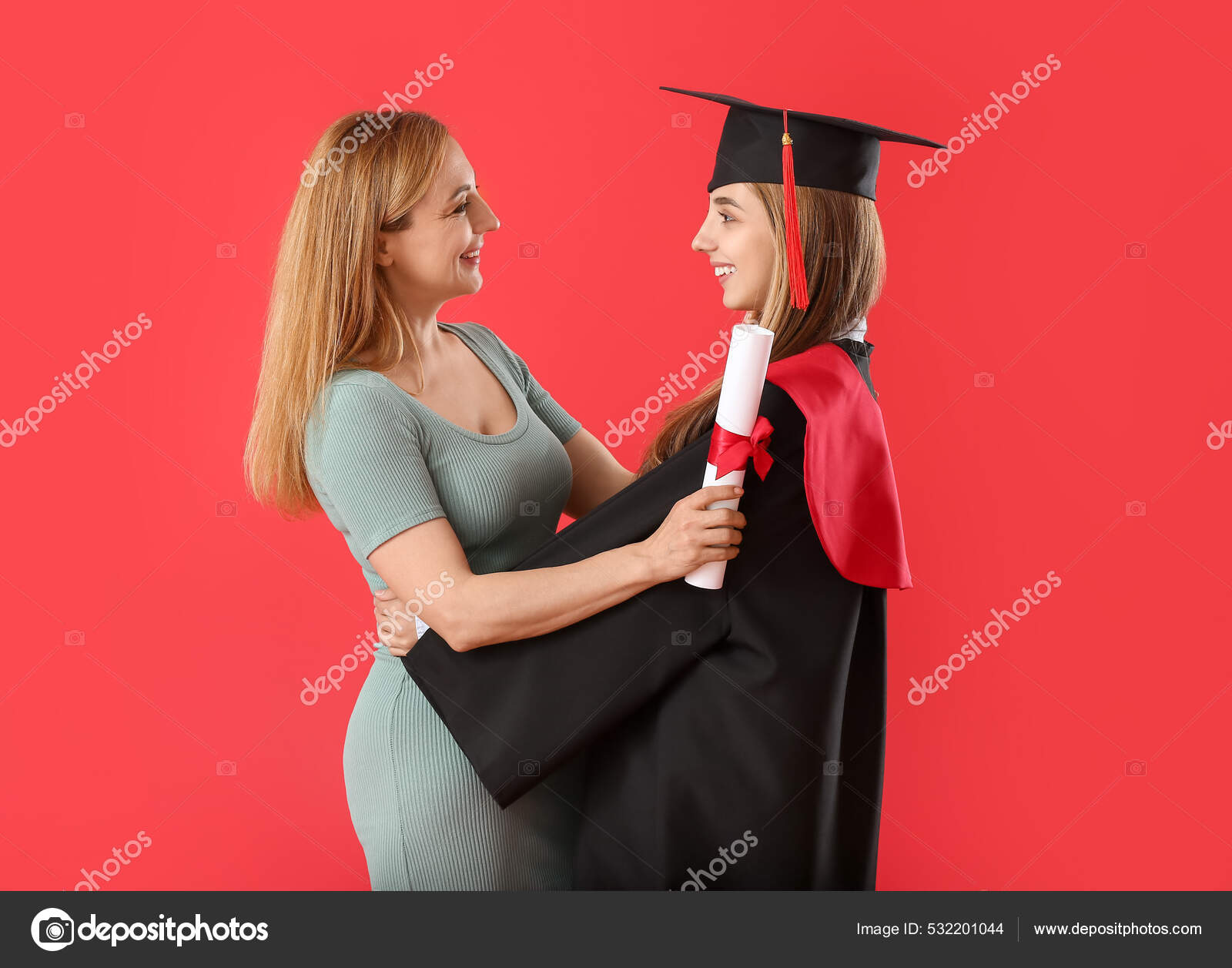 Happy Female Graduation Student Her Mother Color Background — Stock ...