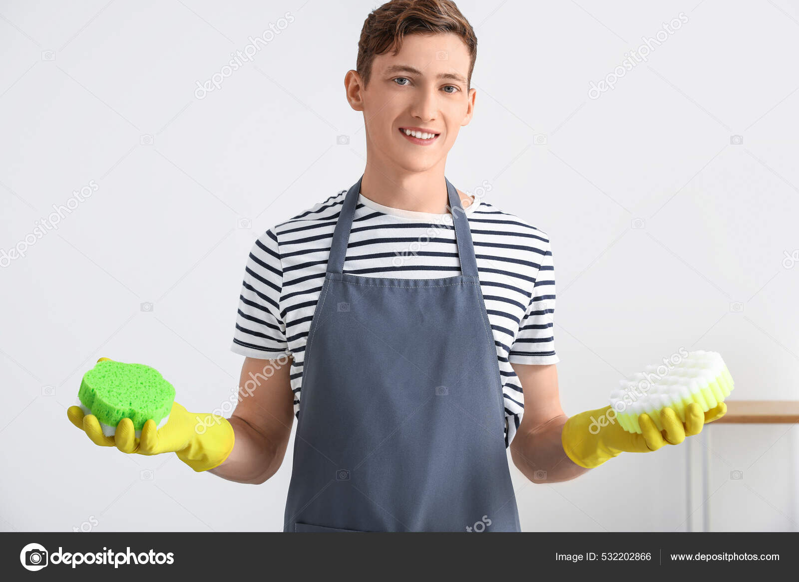 Handsome Man Different Cleaning Sponges Home — Stock Photo © serezniy ...