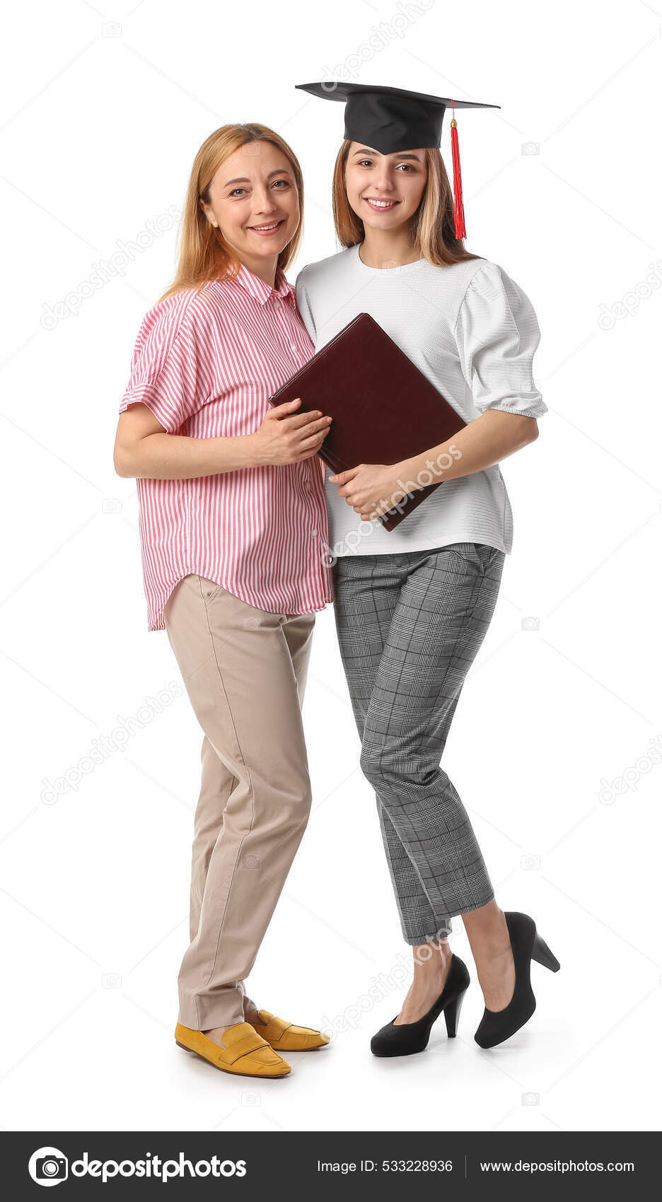 Happy Female Graduation Student Her Mother White Background — Stock ...