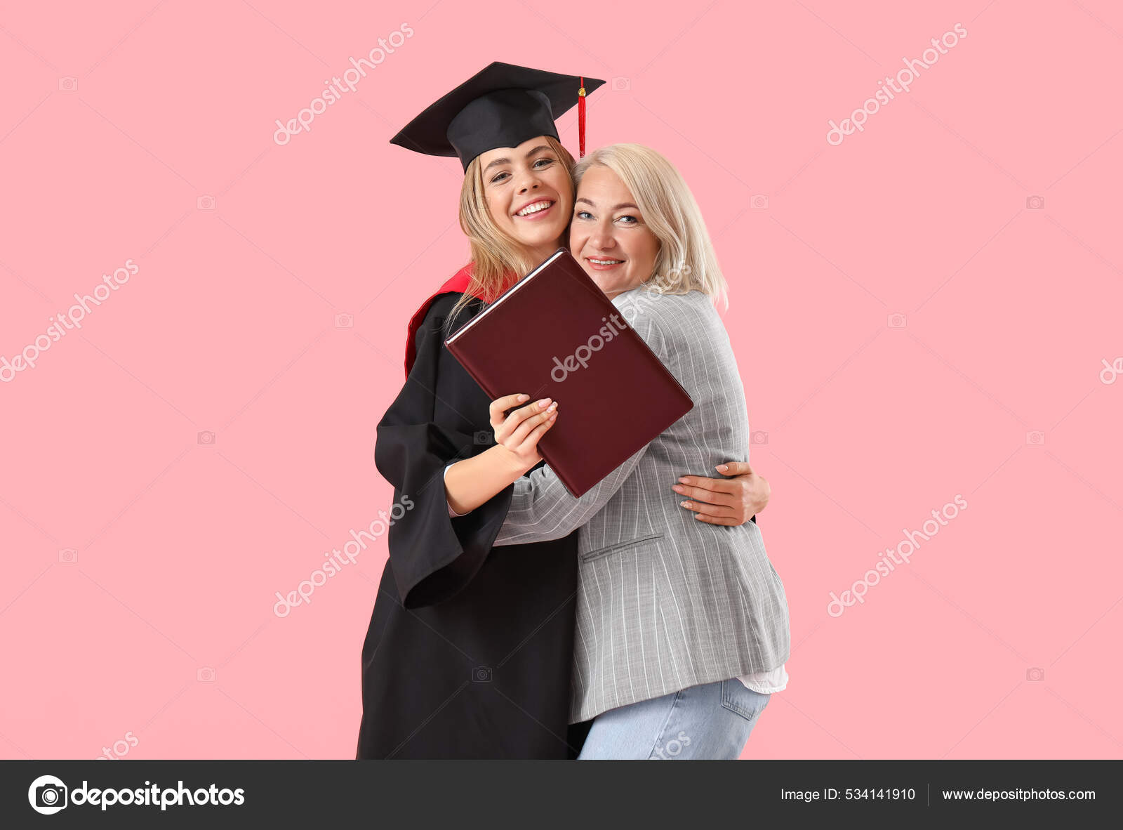 Happy Female Graduation Student Her Mother Color Background — Stock ...