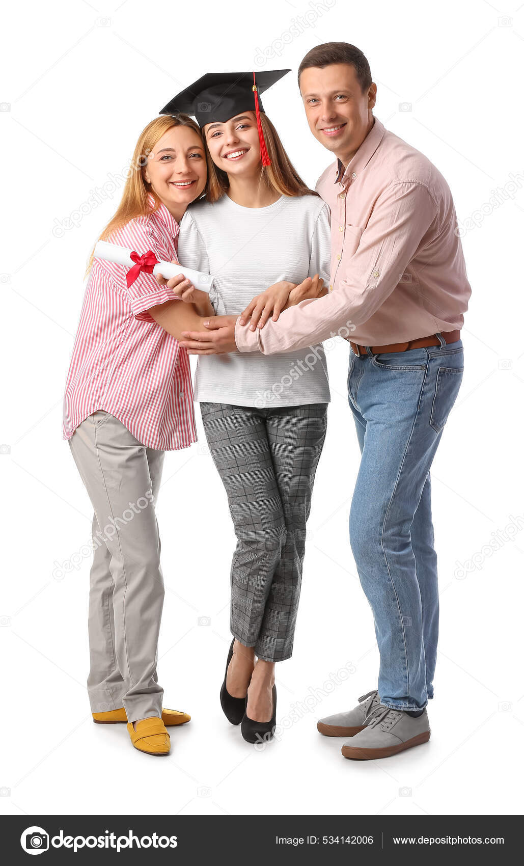 Happy Female Graduation Student Her Parents White Background — Stock ...