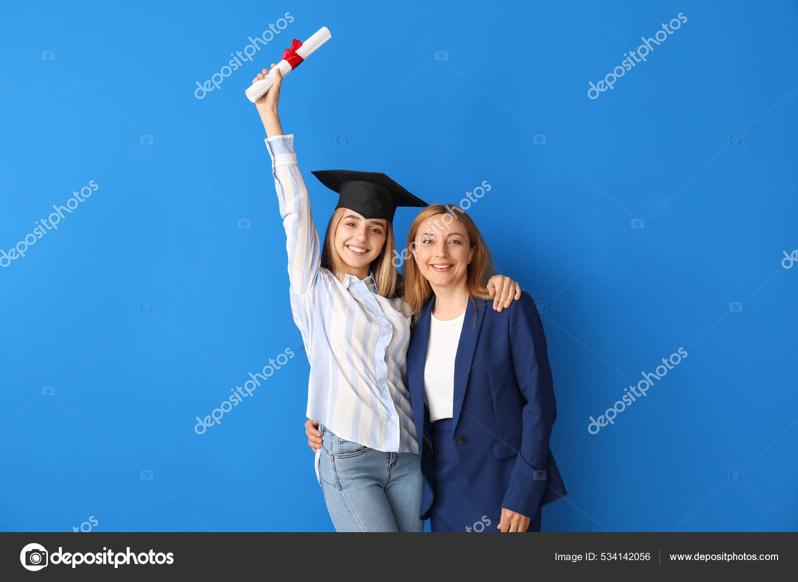 Happy Female Graduation Student Her Mother Color Background — Stock ...