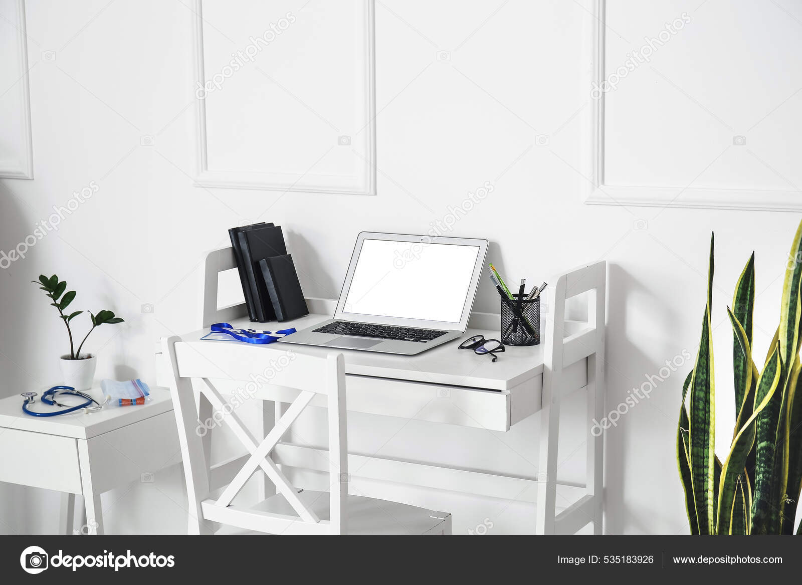 Doctor's Workplace Laptop White Wall Medical Office — Stock Photo ...
