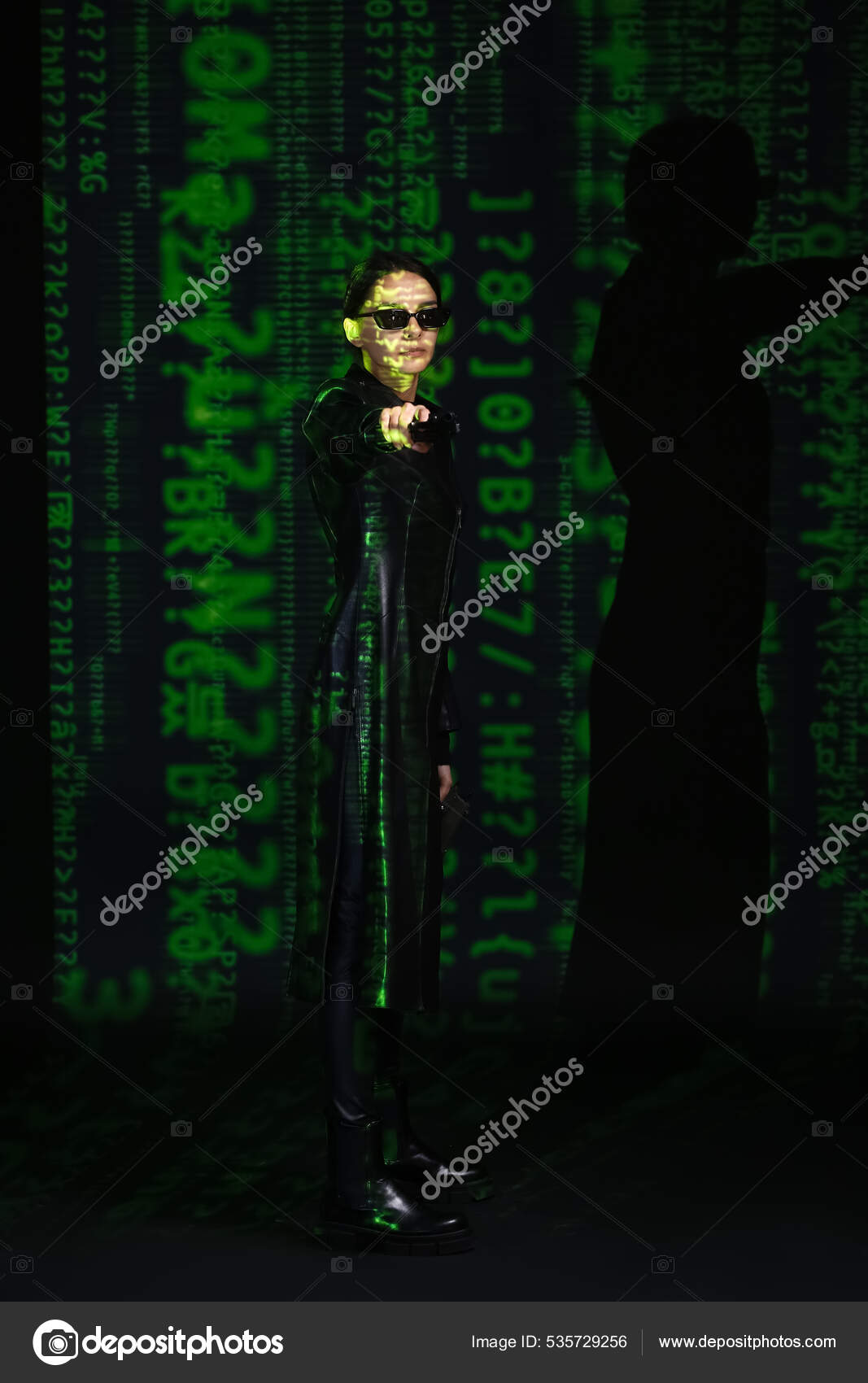 Woman Gun Dressed Matrix Style Dark Background Stock Photo by ©serezniy ...