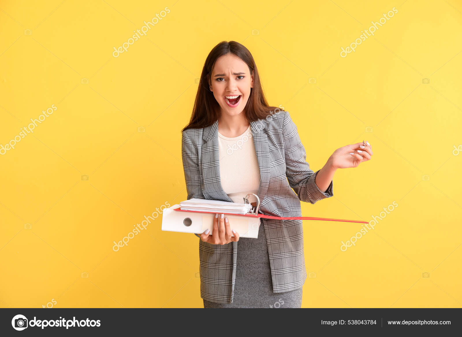 Angry Young Woman Folders Color Background — Stock Photo © serezniy ...