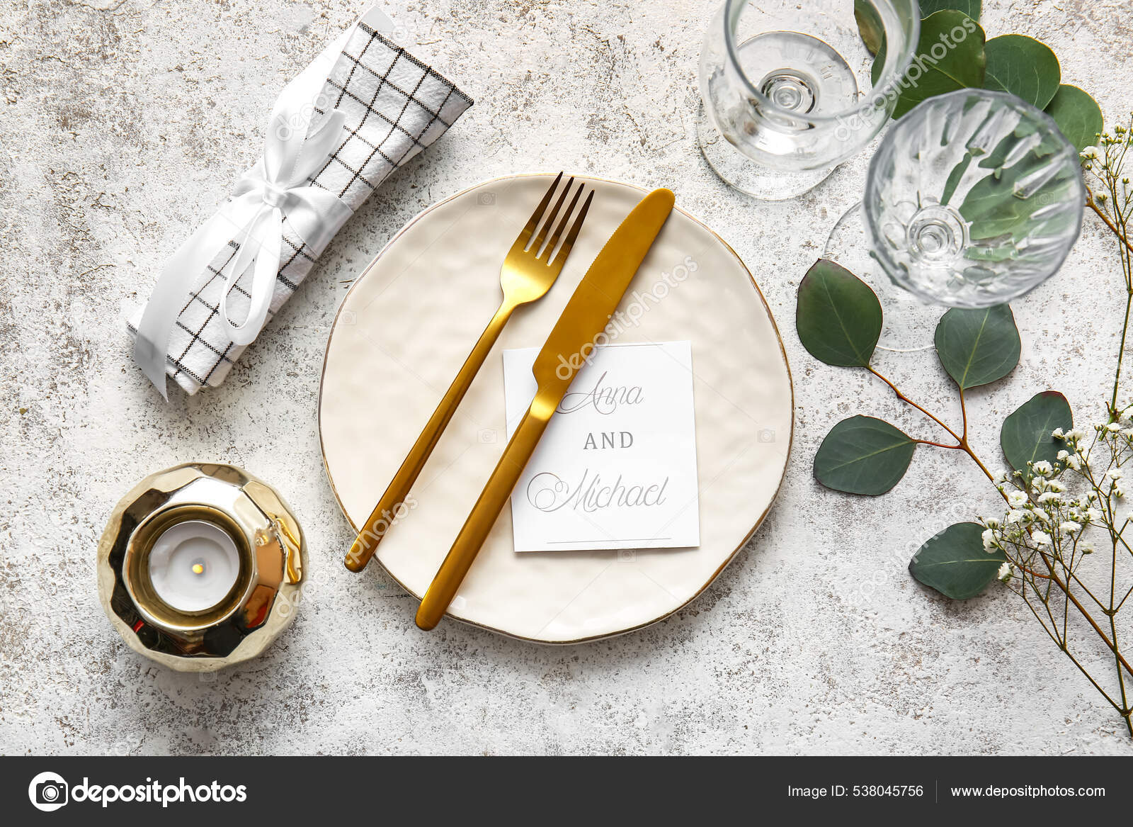 Beautiful Table Setting Wedding Invitation Light Background Stock Photo ...