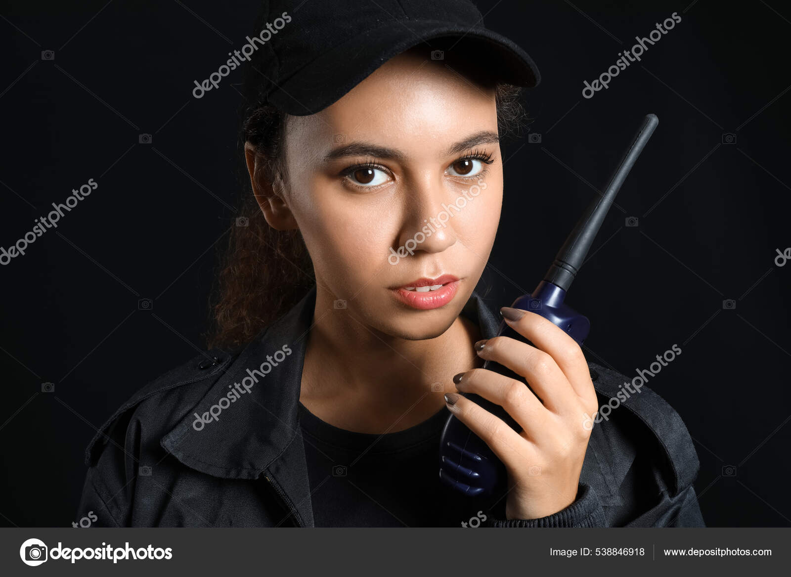 African American Female Security Guard Radio Transmitter Dark ...