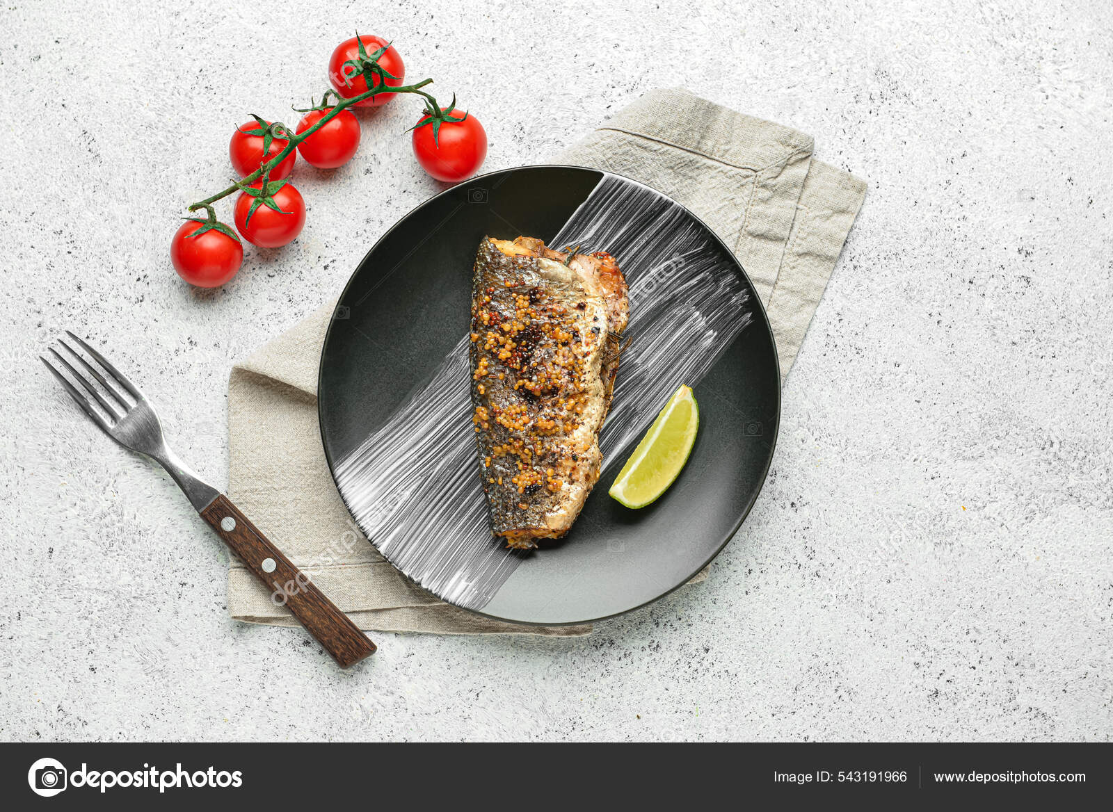 Plate Delicious Sea Bass Fish Lemon Tomatoes Fork Light Background ...