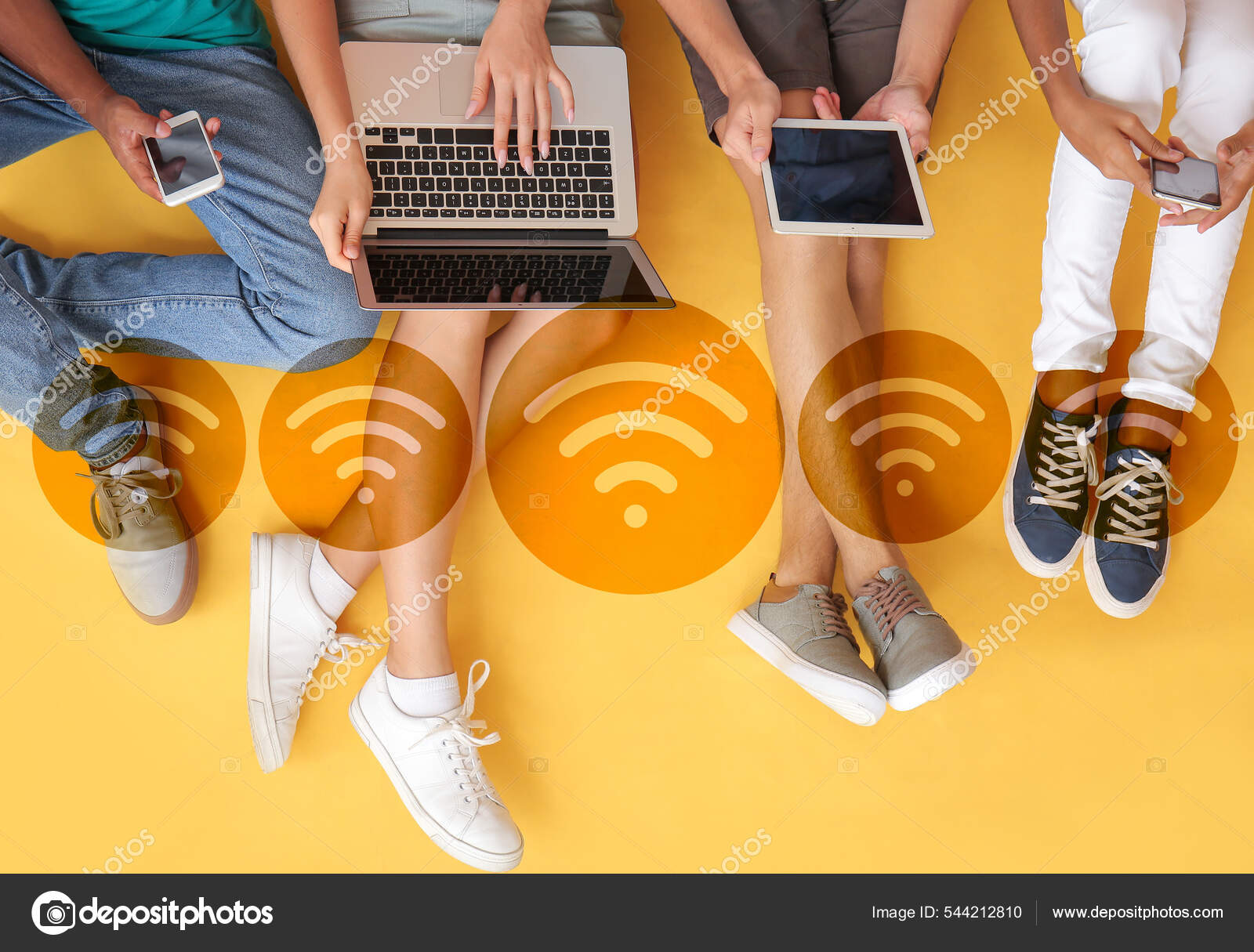 Teenagers Different Devices Using Color Background Top View Stock Photo ...