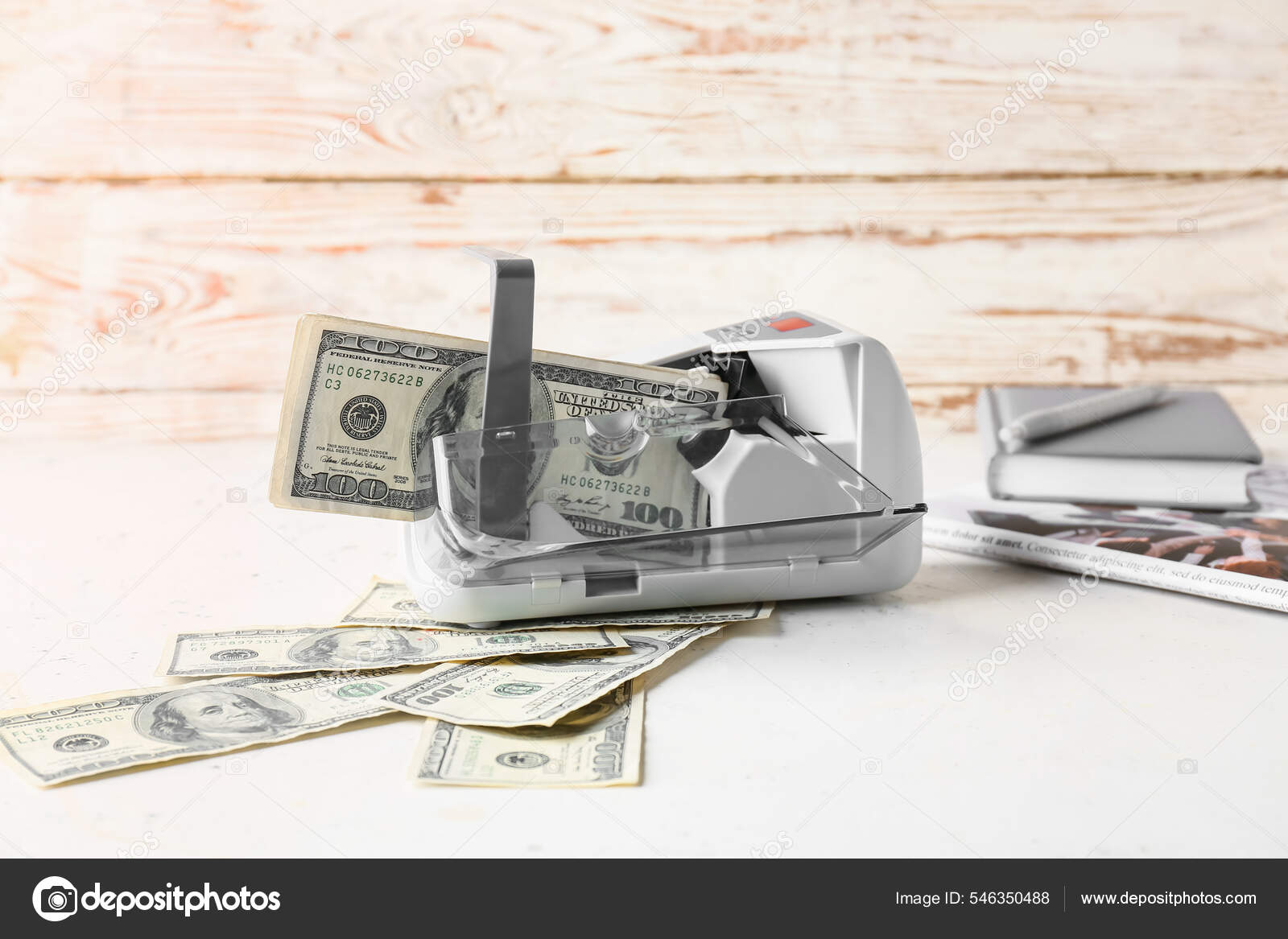 Money Currency Counting Machine Table Light Wooden Background – Stock ...