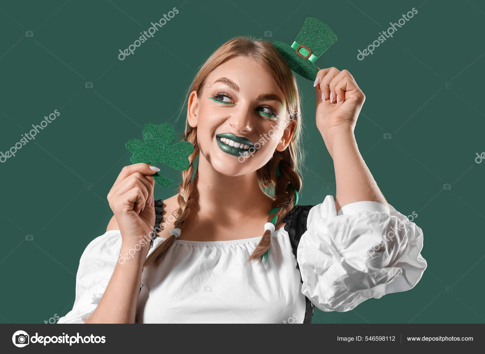 Beautiful Irish Waitress Clover Hat Green Background Patrick's Day ...