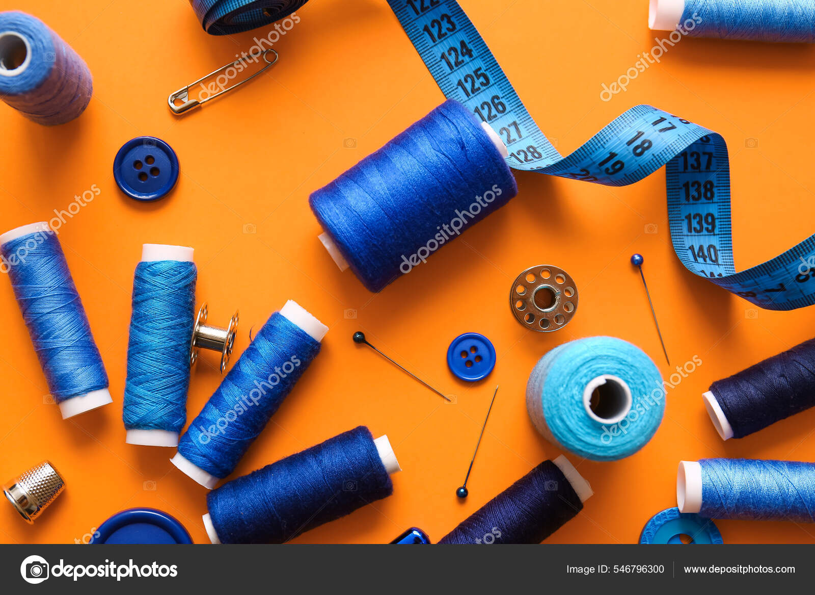 Thread Spools Buttons Measuring Tape Orange Background — Stock Photo ...