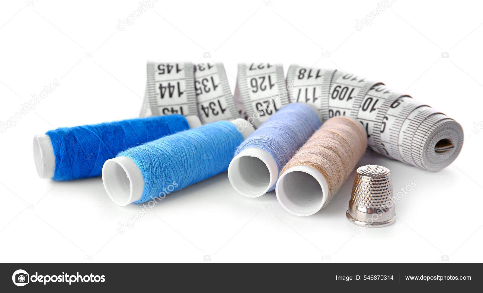 Thread Spools Measuring Tape Thimble White Background — Stock Photo ...