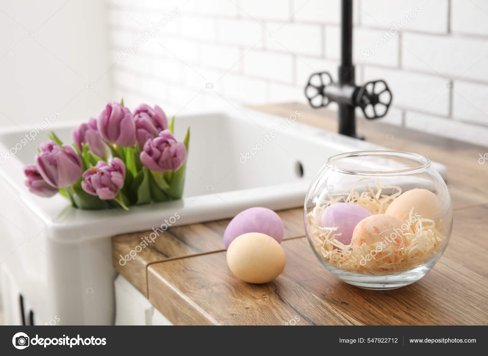 Easter Eggs Sink Tulips Kitchen Counter White Brick Wall — Stock Photo ...