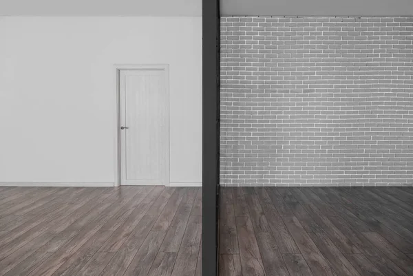 View of big empty room with door and folding screen - Stock Image ...