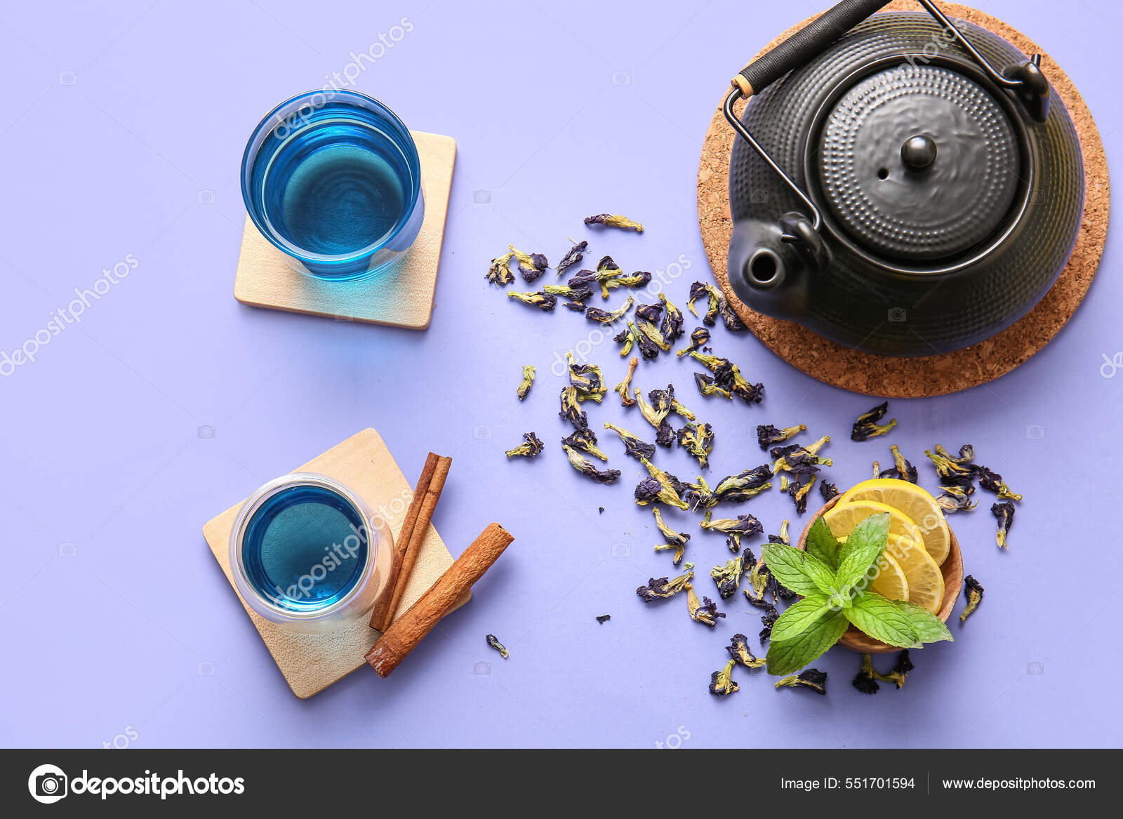 Composition Cups Blue Tea Dried Butterfly Pea Flowers Color Background ...