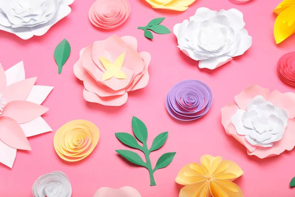 Beautiful Handmade Paper Flowers Pink Background — Stock Photo ...