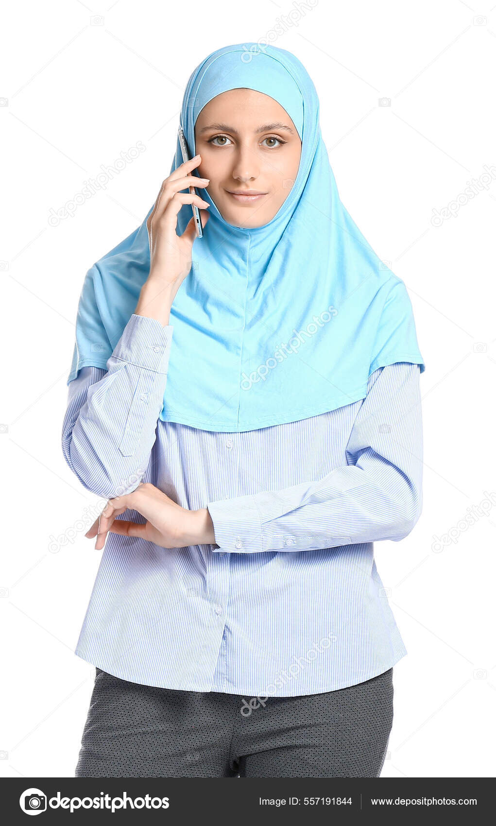 Muslim Secretary Talking Phone White Background — Stock Photo ...