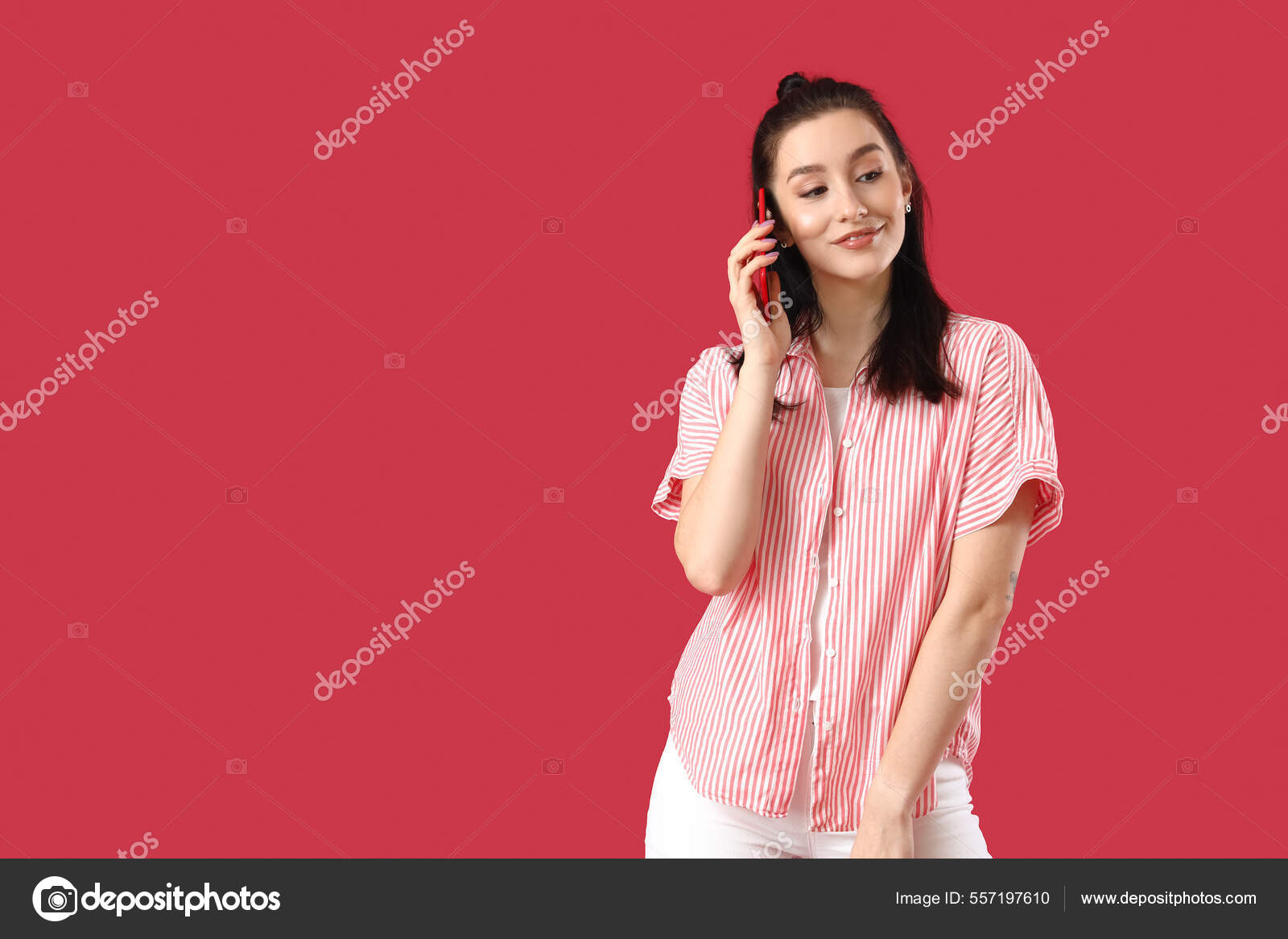 Portrait Beautiful Female Student Talking Mobile Phone Color Background ...